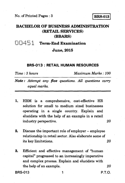 IGNOU BBA BRS-013 Retail Human Resources June 2015 Question Paper ...
