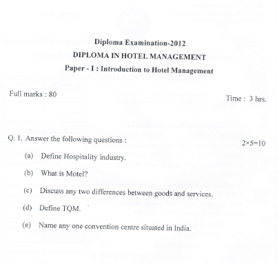 KKHSOPU Diploma Paper - I : Introduction to Hotel Management 2012 ...