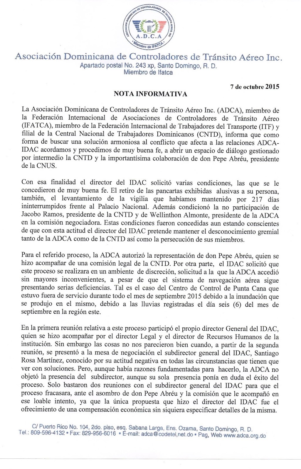 Nota informativa a nuestra membresía y a la opinión pública