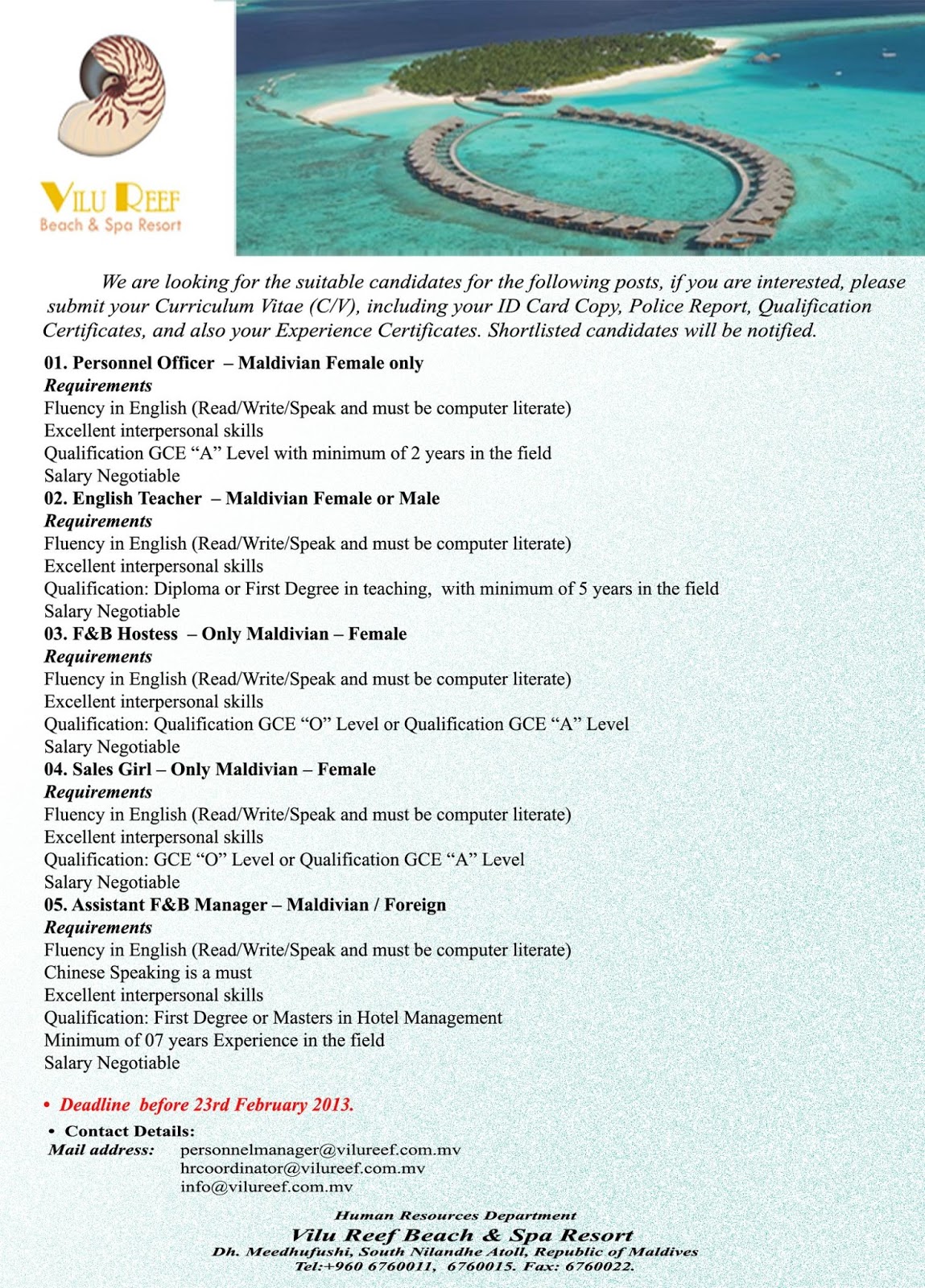 Job Maldives Fresh Jobs In Maldives Job Vacancies At Vilu Reef Beach