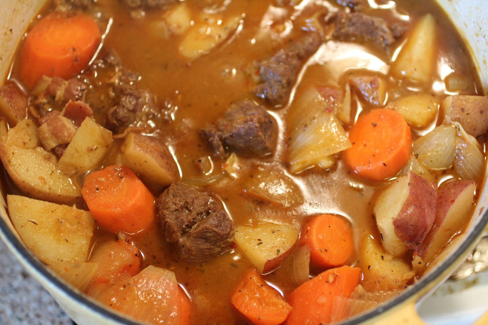 Kitchen Simmer: Beef and Bacon Stew with Sauteed Cabbage
