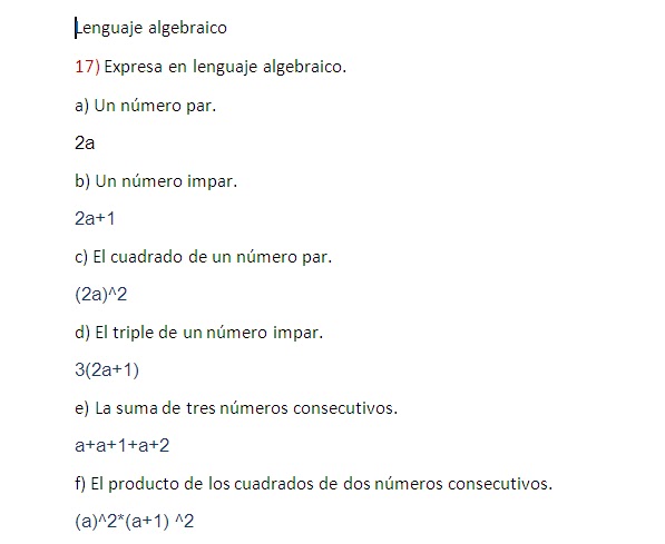 mate activiades: LENGUAJE ALGEBRAICO