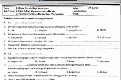 Soal UTS K13 Kelas 5 Tema 2 Subtema 1 dan 2 - SekolahDasar.Net