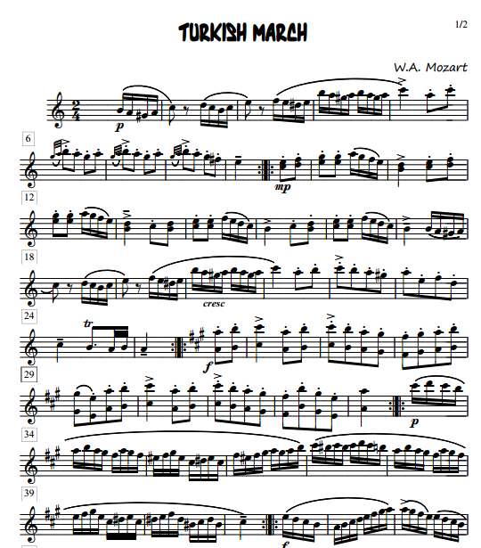 Turkish March - W.A. Mozart - Harp Sheet