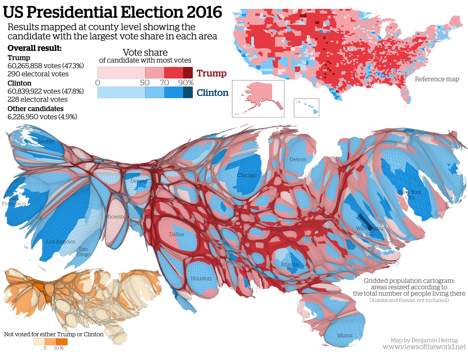 U S Presidential Election 2016 Cartogram Vivid Maps