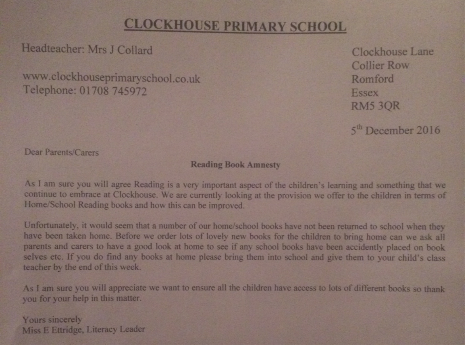 Clockhouse Primary School: 2016