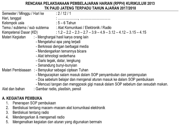 RPPH TK PAUD Kurikulum 2013 Kelompok Usia 5-6 Tahun Tema Alat ...