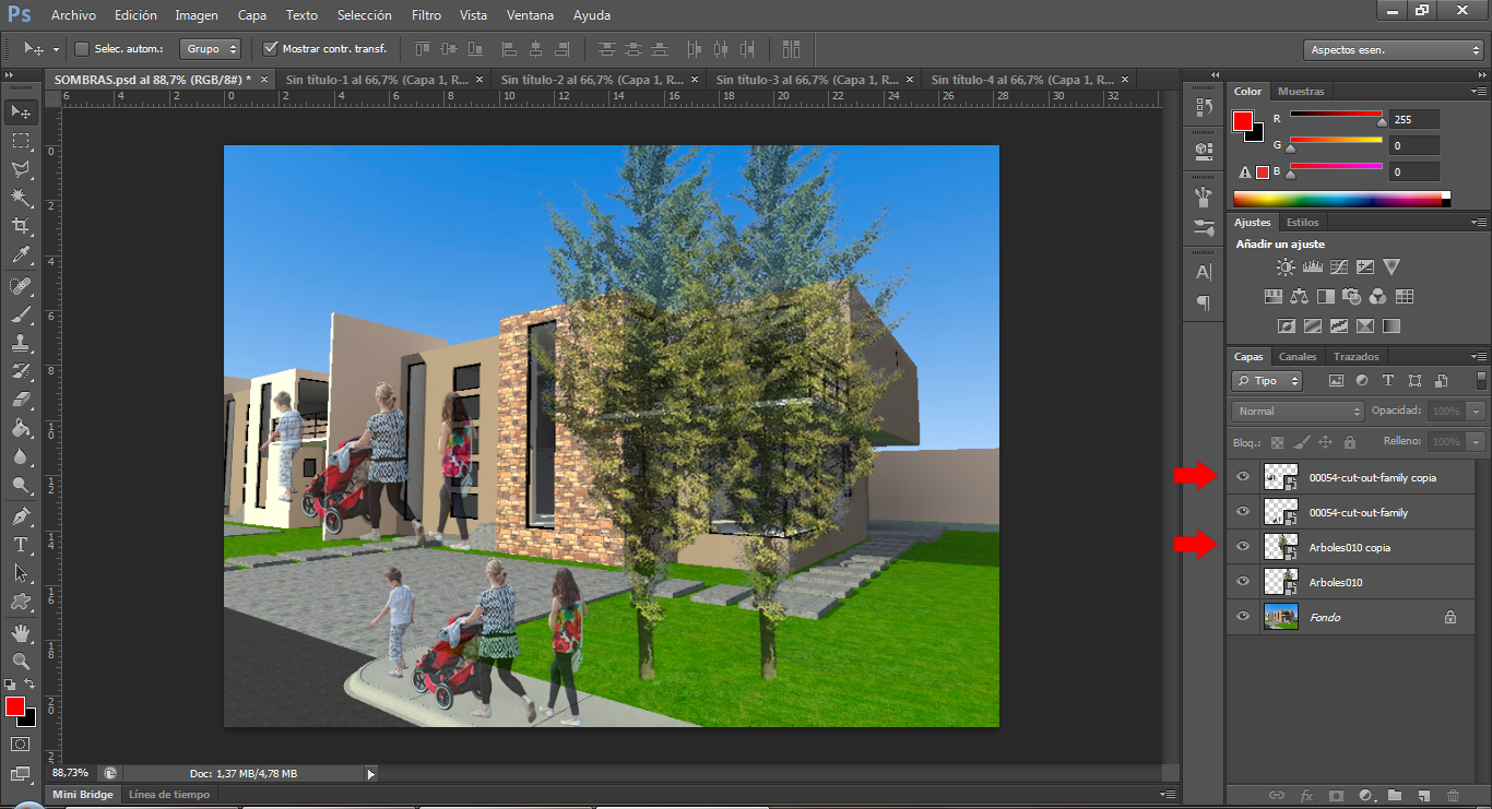 Añadir sombra a árboles/personas/objetos en un render con PHOTOSHOP ...