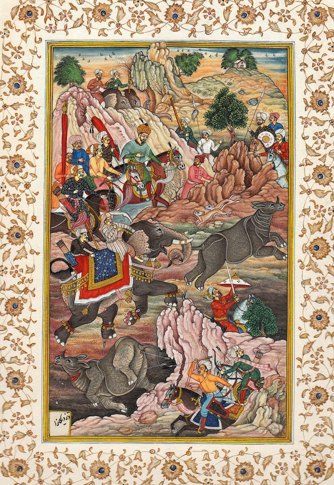 Babar hunting rhinoceros near Bigram (Peshawar) - Mughal miniature ...