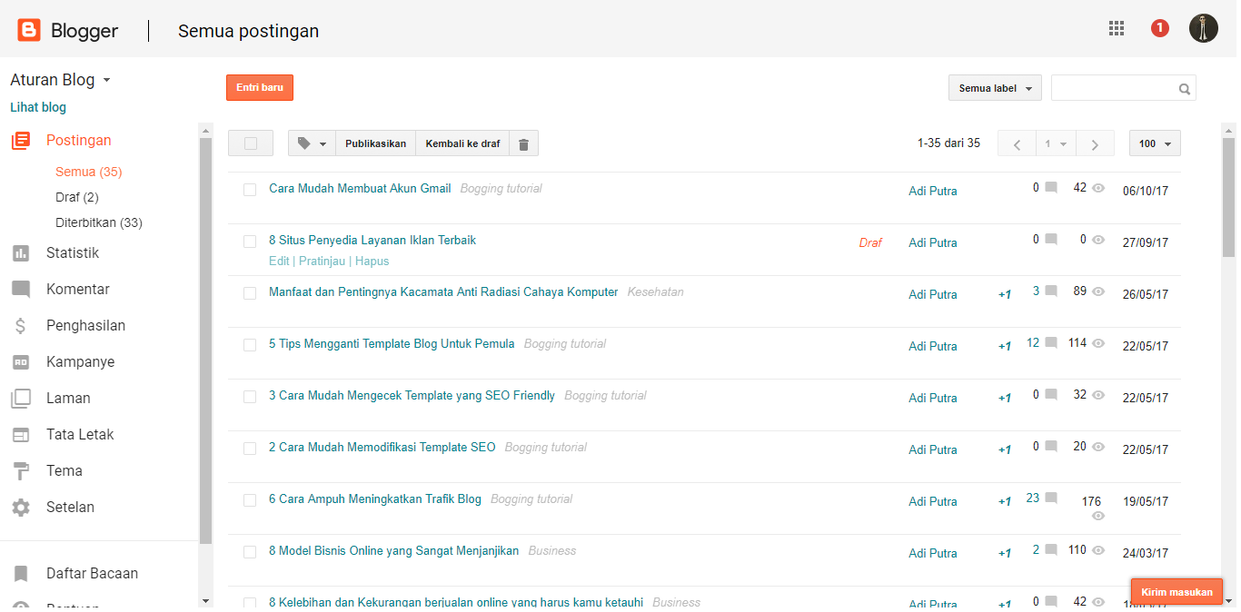 Mengenal Dashboard Blogger Terbaru 2017 - Aturan Blog
