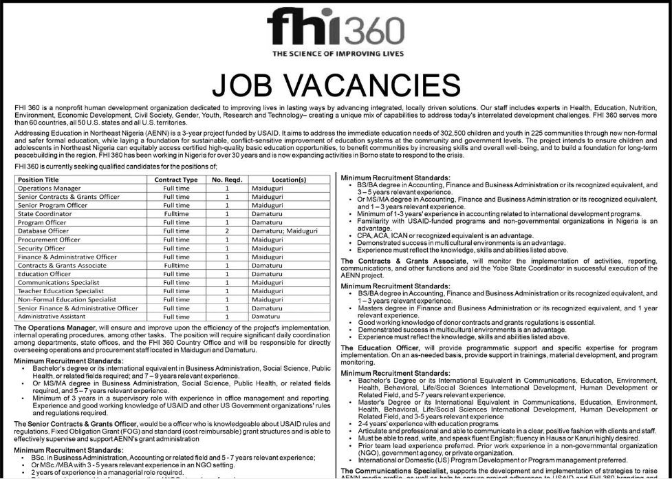 FHI 360 Massive Job Vacancies & Recruitments for Graduates - Nov, 2018