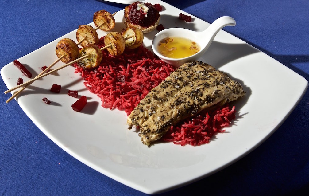 FISH & BEET : Steamed fish on a beet rice bed , served with roast ...