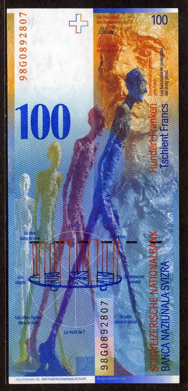 Switzerland currency 100 Swiss francs banknote 1998 Alberto Giacometti ...