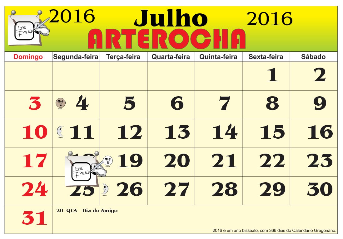 ARTEROCHA: CALENDÁRIO MES DE JULHO 2016