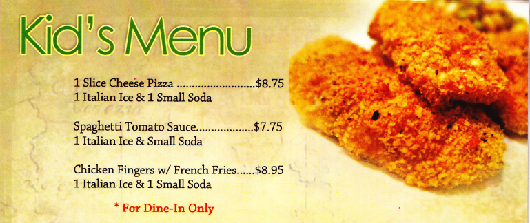 Ferrari's Pizzeria: Kids Menu