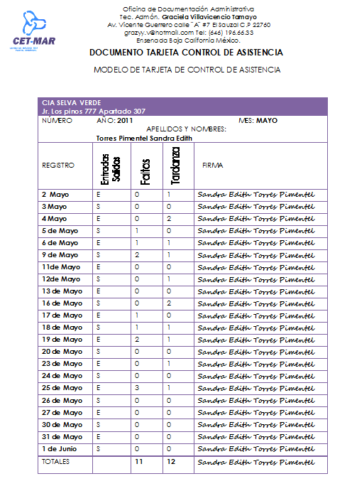 Grace Admon 2DO: Tarjeta Control de Asistencia
