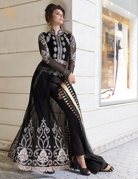 BLACK HEAVY EMBROIDERED PANT STYLE DRESS BY ZOYA