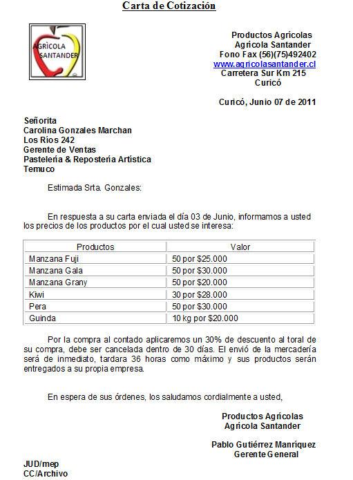 agrícola santander: Carta de Cotización (Maria Ignacia Ruiz)