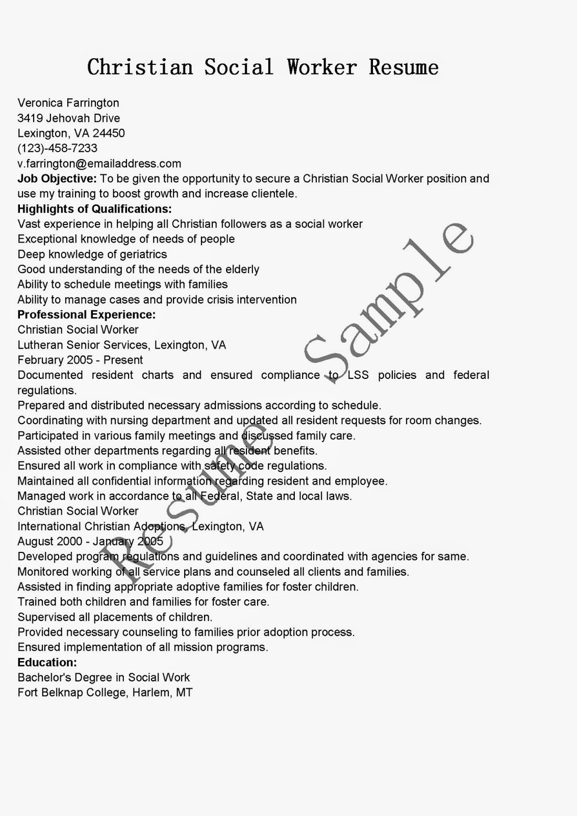 Resume Samples: Christian Social Worker Resume Sample