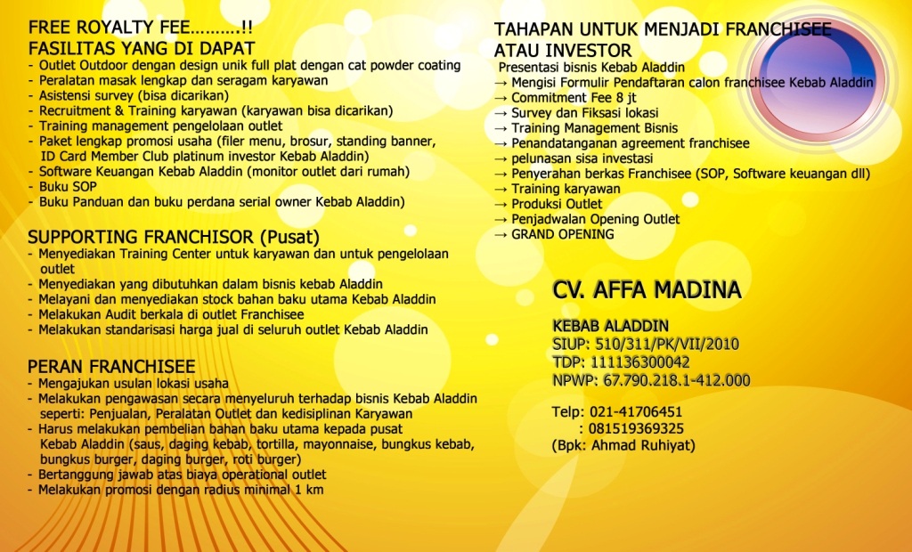 NEW FRANCHISE BUSINESS: BROSUR FRANCHISE KEBAB ALADDIN PAKET STANDART