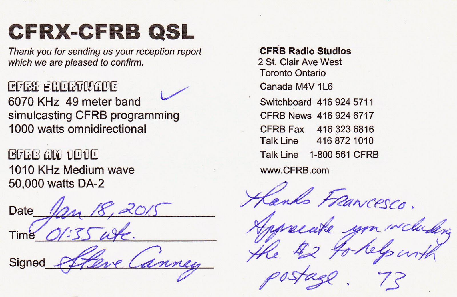 RADIOASCOLTO LISTEN TO THE WORLD: QSL CARD FROM CFRX TORONTO, CANADA ...