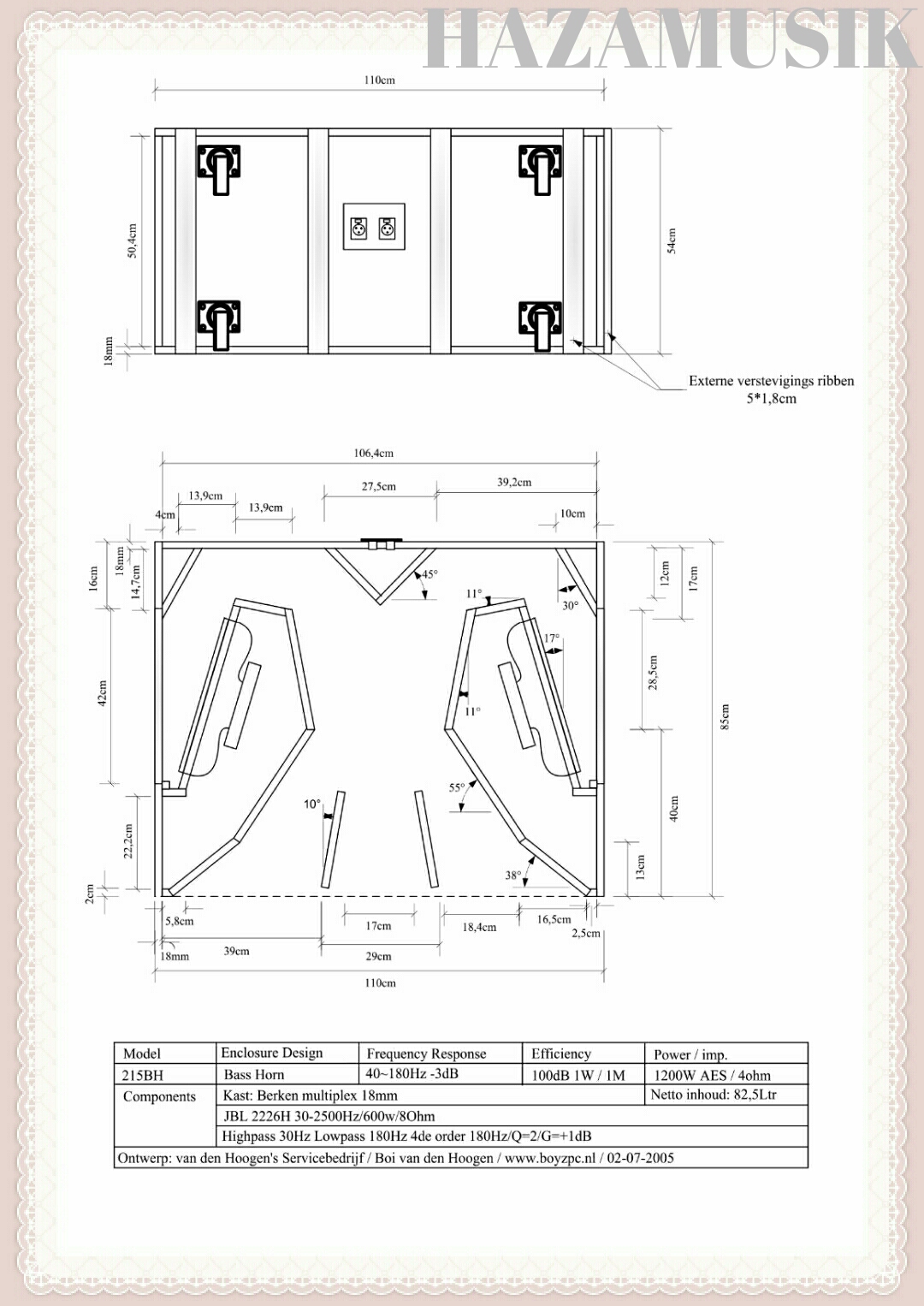 Skema box speaker subwoofer 15"x2 lapangan BH215
