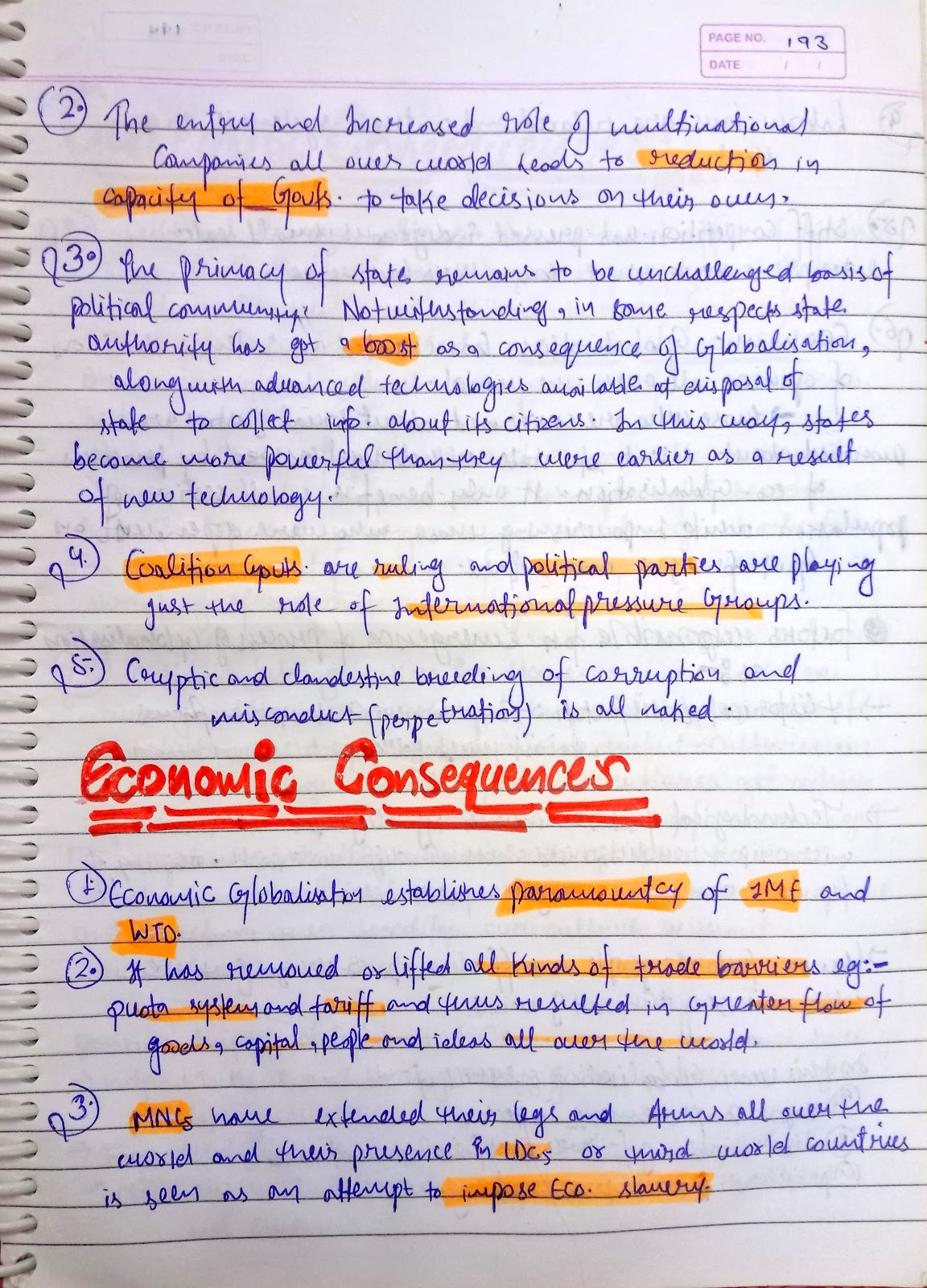 handwritten notes of Globalisation-[political science] class 12th ...