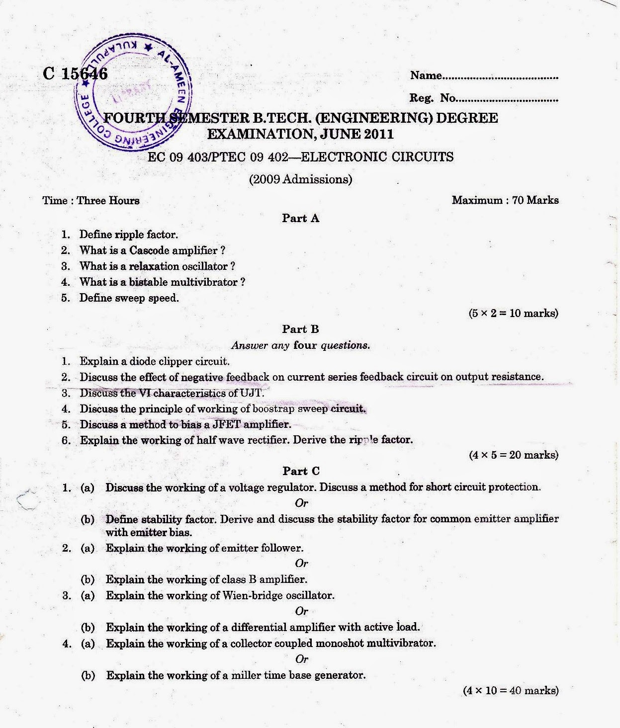 CALICUT UNIVERSITY UPDATES: 4th Semester B Tech ECE Question papers