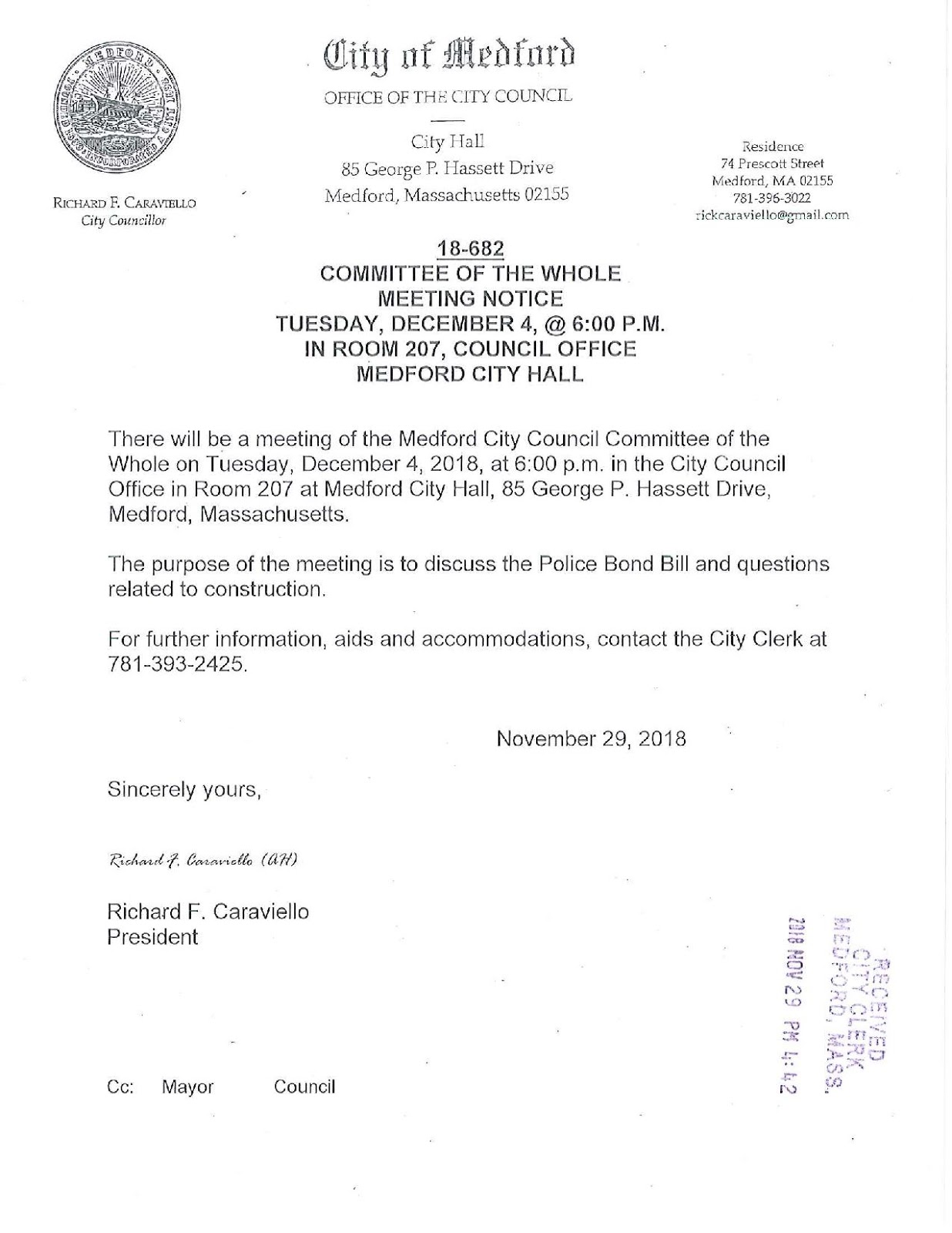 Committee of the Whole Dec 4Tuesday - Police Bond issue Dec 5 Wednesday ...