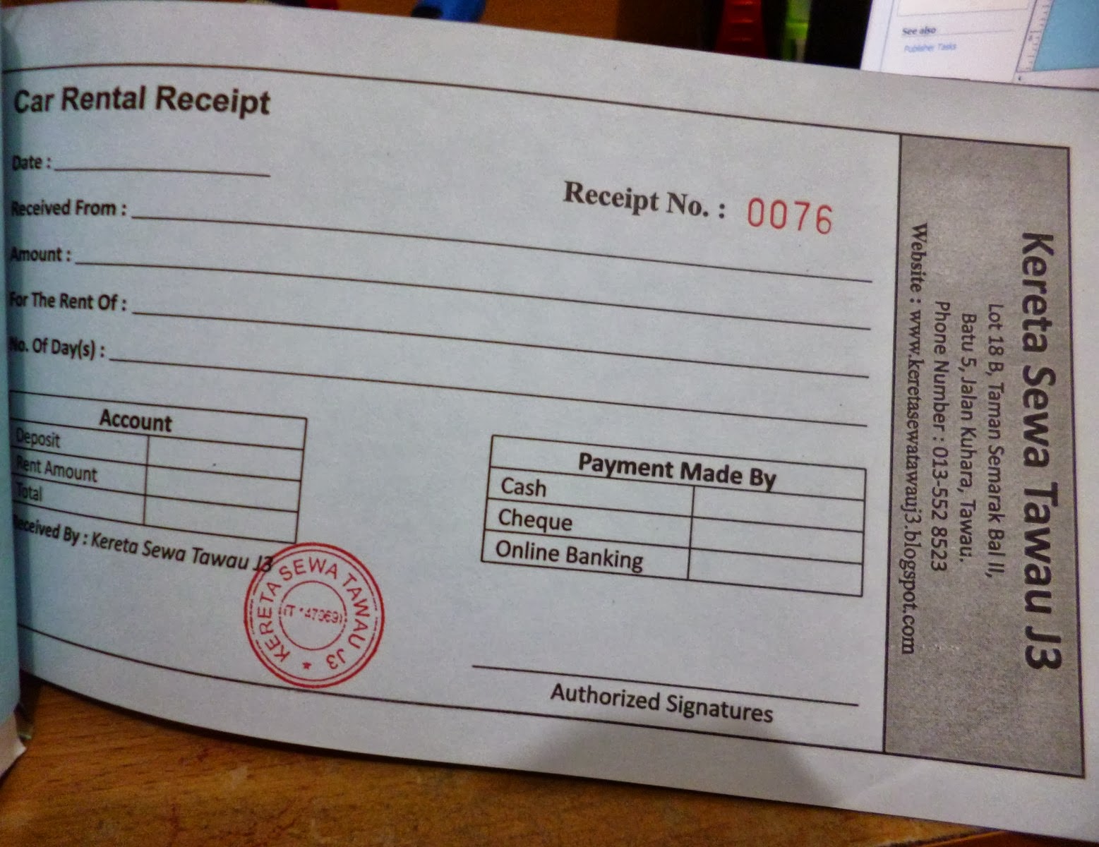 Kereta Sewa "Low Cost" Di Bandar Tawau.: Resit Rasmi Kereta Sewa Tawau J3