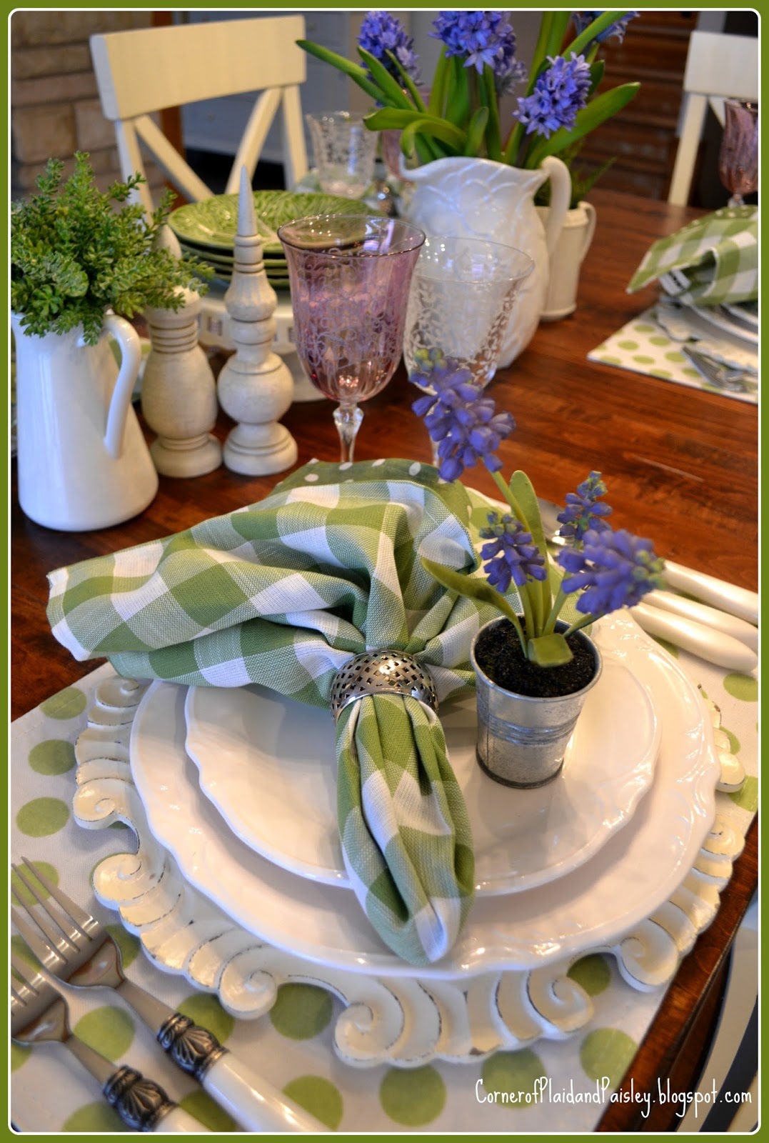 Spring Tablescape with Hyacinths - Corner of Plaid and Paisley
