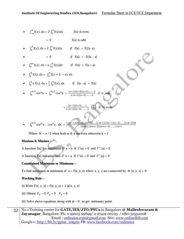 Formula sheet - Mathematics - Gateway of Engineering