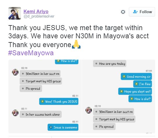 KEMI ARIYO : we are almost at the $100k target for Mayowa stage IV ...