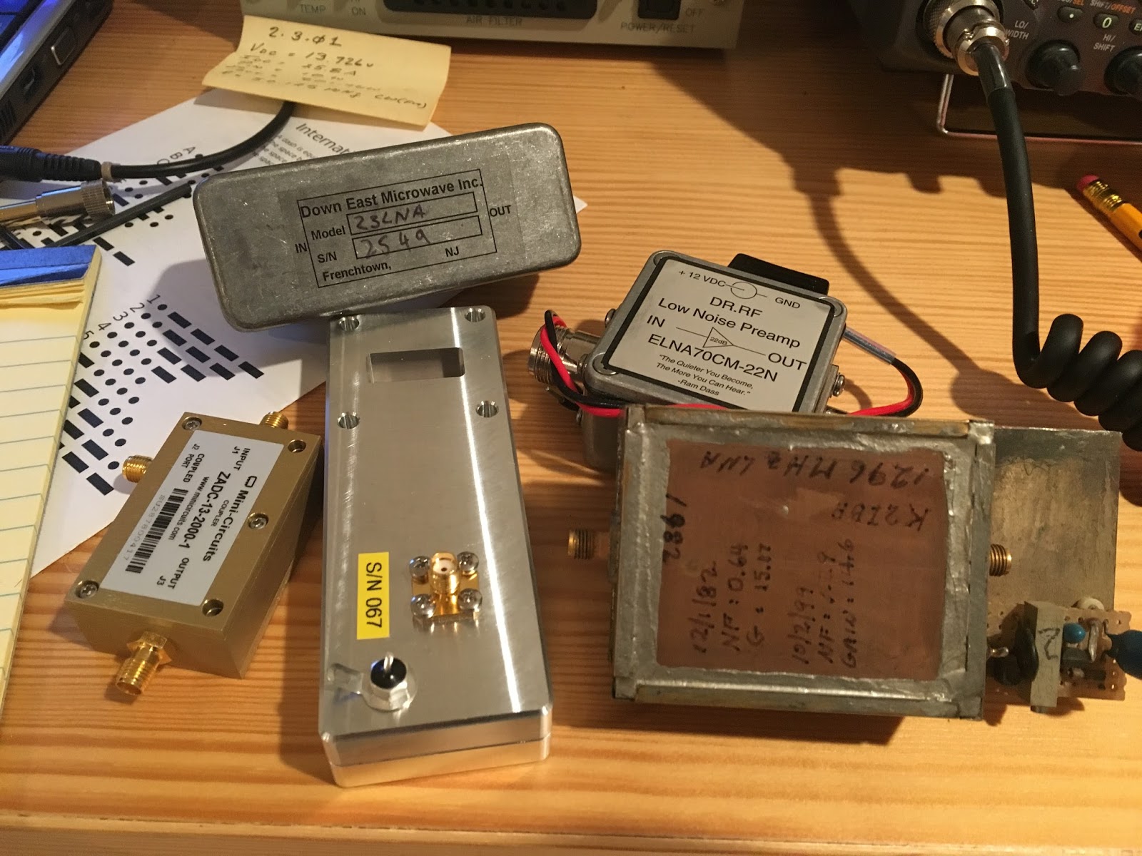 KD5CHG 432 and 1296 MHz EME: Pile of Pre Amplifiers