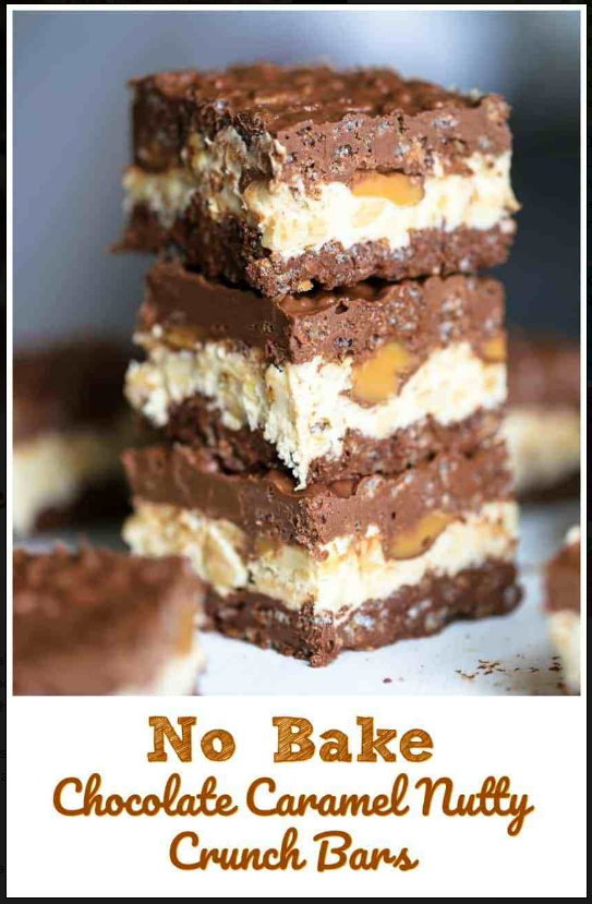 No Bake Chocolate Caramel Nutty Crunch Bars - Delicious Food