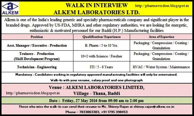 ALKEM LABORATORIES LTD. Walk-In Interview on 27/05/2016 - PHARMA WISDOM