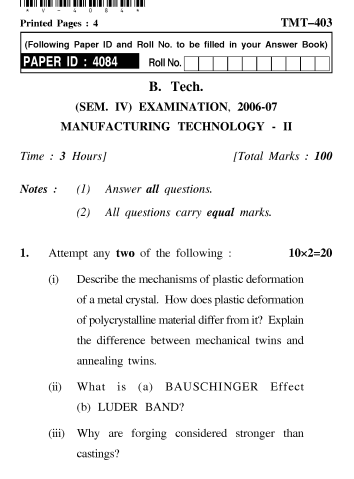 UPTU Lucknow Manufacturing Technology II B.Tech 2006-07 Question Paper ...