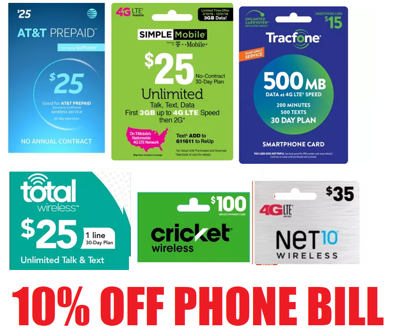 10% off all Prepaid Digital Cell Phone Airtime Phone Refill Cards: AT&T ...