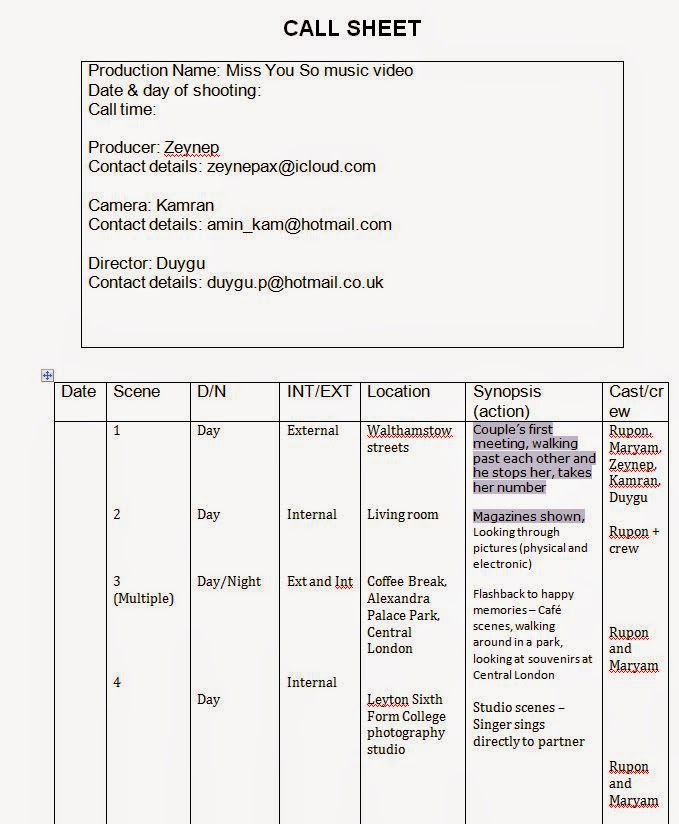 Duygu's A2 Media blog: Task 5 Pre Production: Call sheets