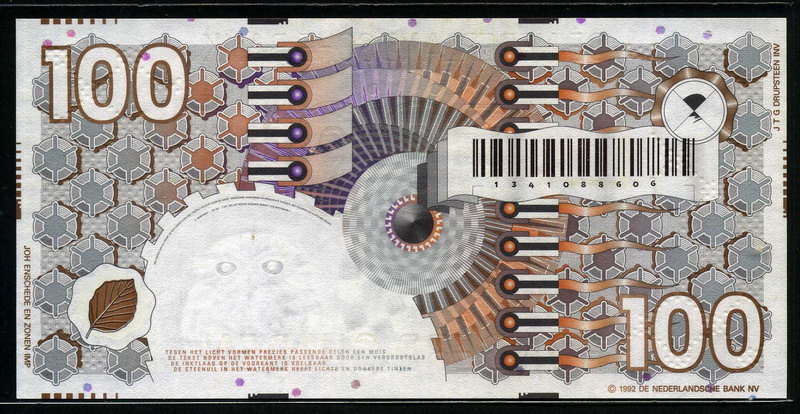 Netherlands currency 100 Gulden banknote 1992 Little Owl & Abstract ...