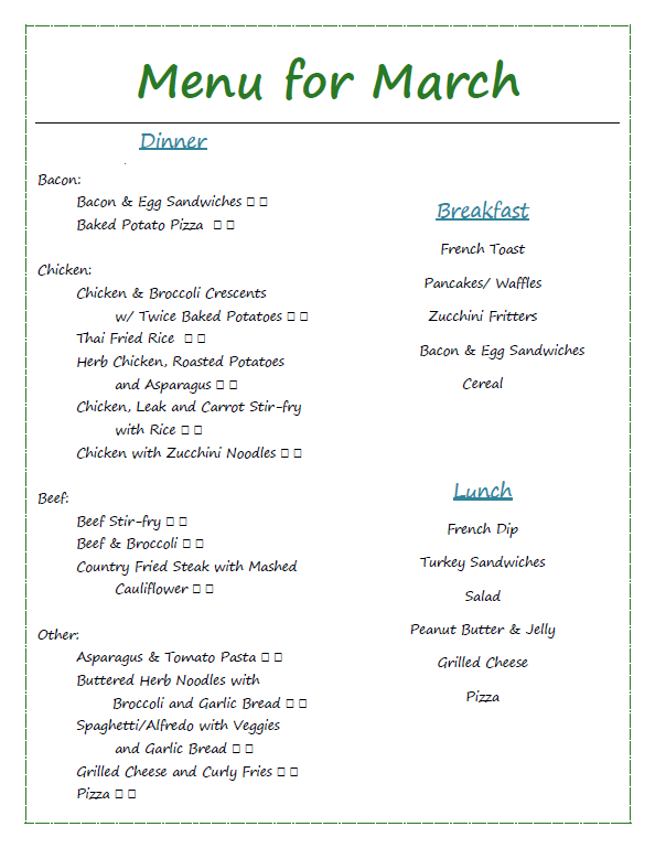 Three Peas Create: March Menu