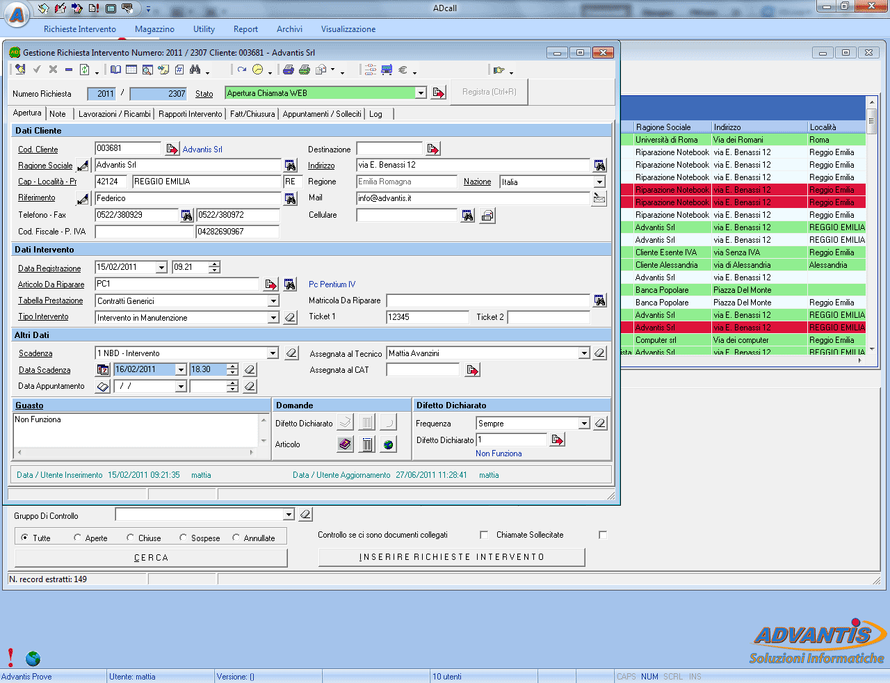 Advantis : ADcall - GESTIONE ASSISTENZA TECNICA