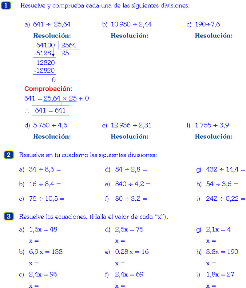DIVISION DE UN NATURAL ENTRE UN DECIMAL EJEMPLOS Y EJERCICIOS RESUELTOS