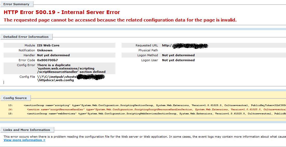 There is a duplicate 'system.web.extensions/scripting/scriptResourceHandler' section defined ...