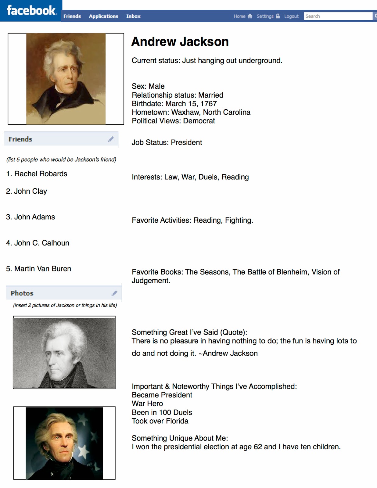Mrs. Mooney's Teaching World: Andrew Jackson's Facebook Profile
