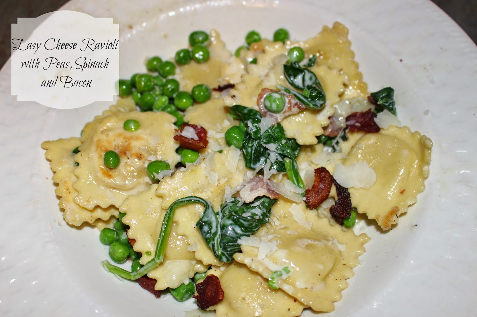 Cousins who Create: Easy Cheese Ravioli with Peas, Spinach and Bacon
