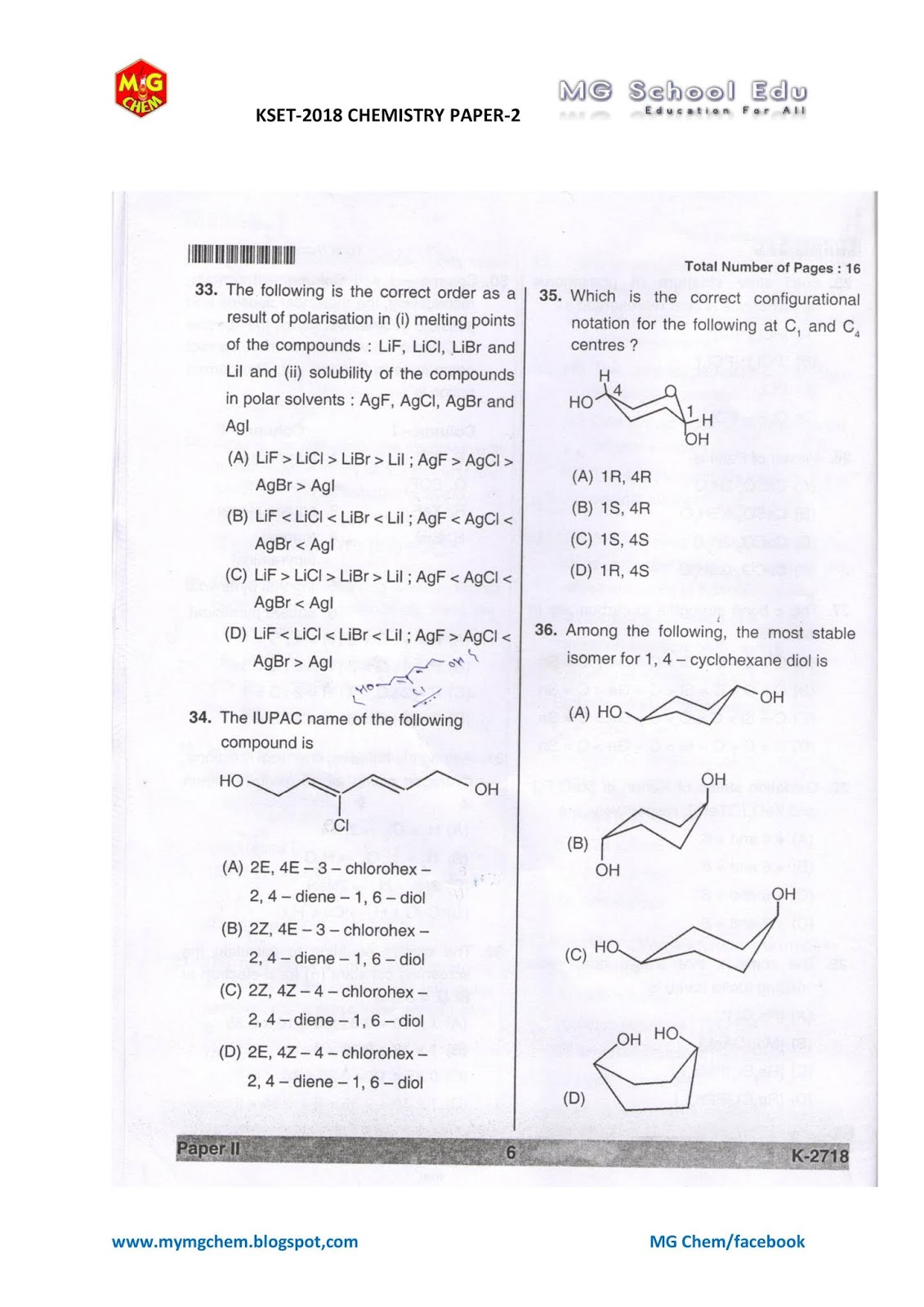 MG SCHOOL SCIENCE: KSET-2018 CHEMICAL SCIENCE QUESTION PAPER