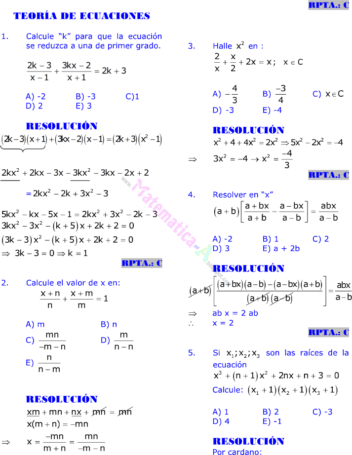 TEORÍA DE ECUACIONES EJERCICIOS RESUELTOS ~ MATEMATICAS PROBLEMAS RESUELTOS