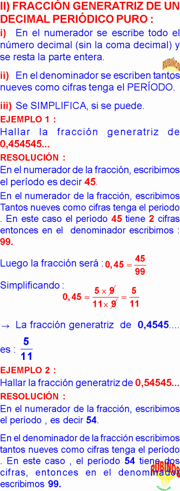GENERATRIZ DE UN DECIMAL EJEMPLOS Y EJERCICIOS RESUELTOS