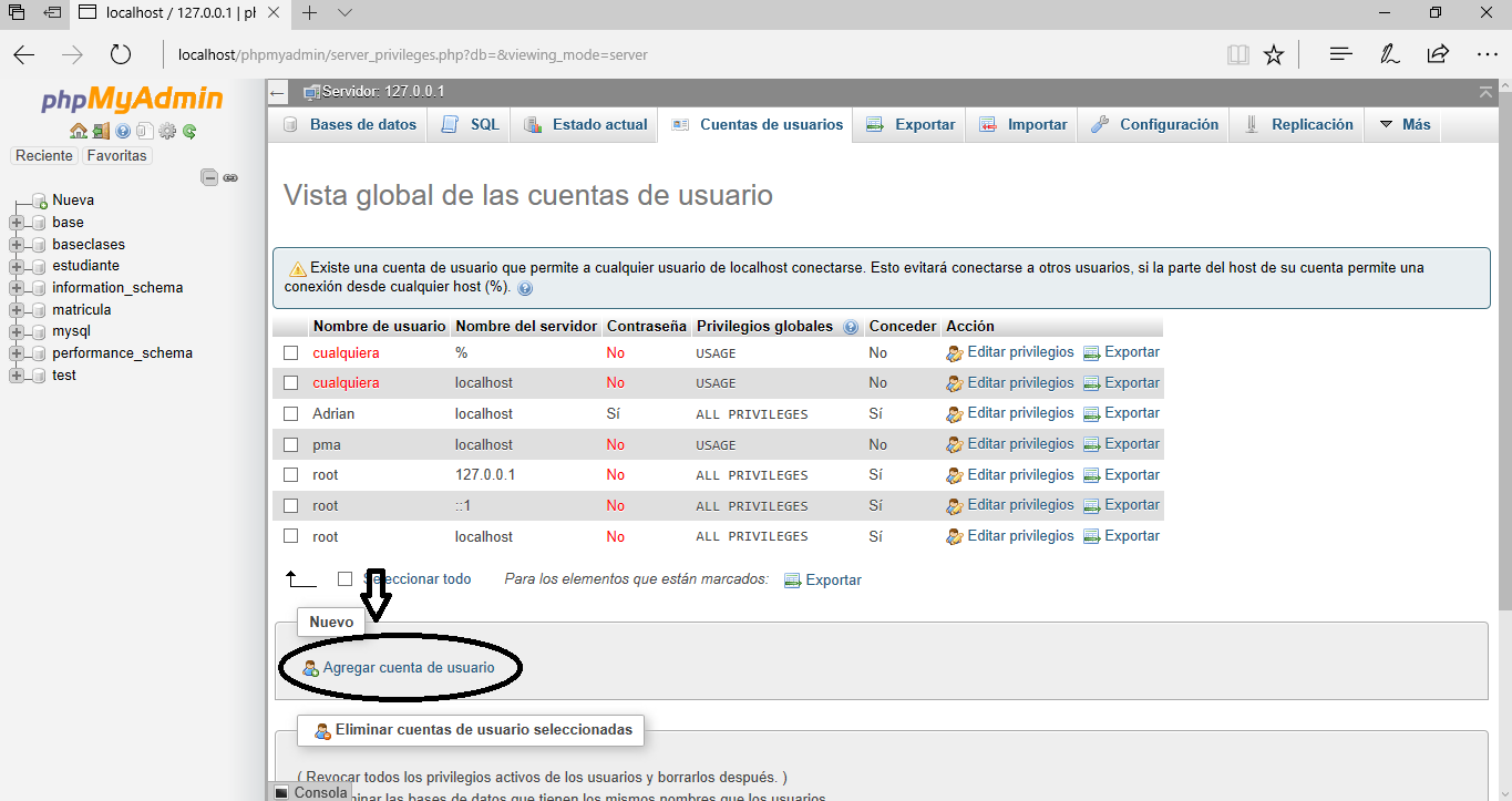 CREAR UN USUARIO EN MYSQL PARA CADA ROL